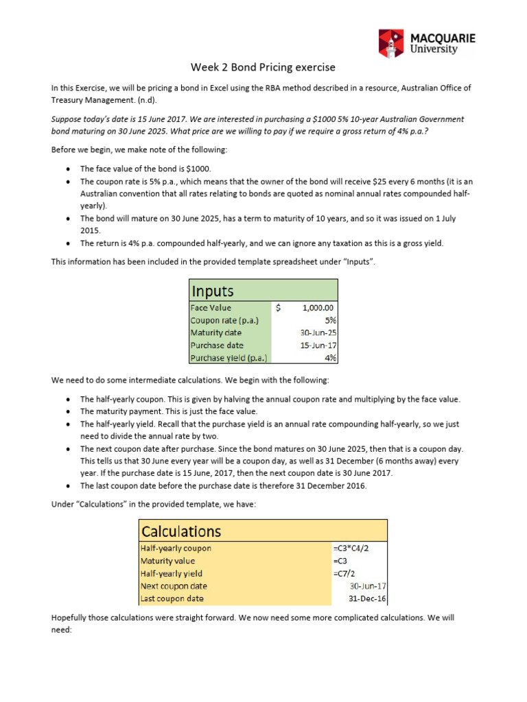 Week 2 Bond Pricing Exercise | PDF | Bonds (Finance) | Yield (Finance)