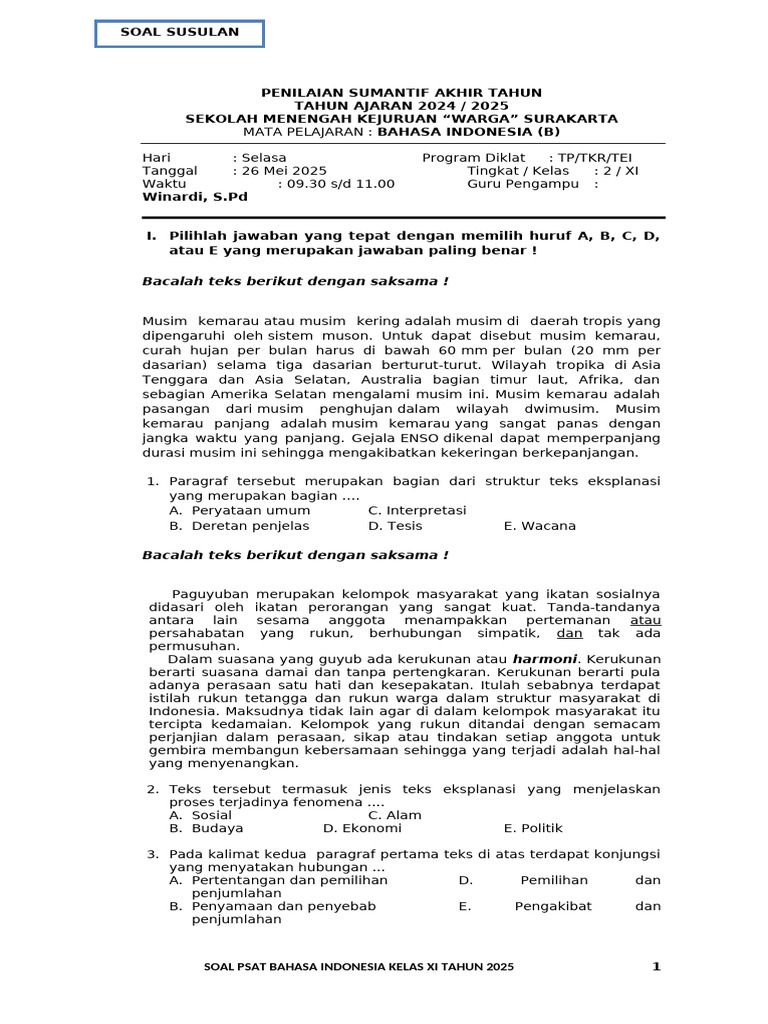 Soal Susulan Psat Bindo Kelas Xi 2025 | PDF
