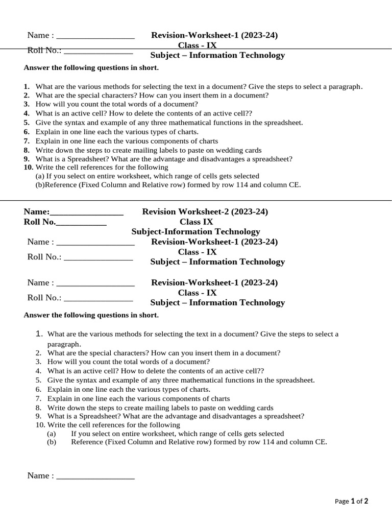 Class IX IT Worksheet Subject Skills | PDF | Spreadsheet | Worksheet