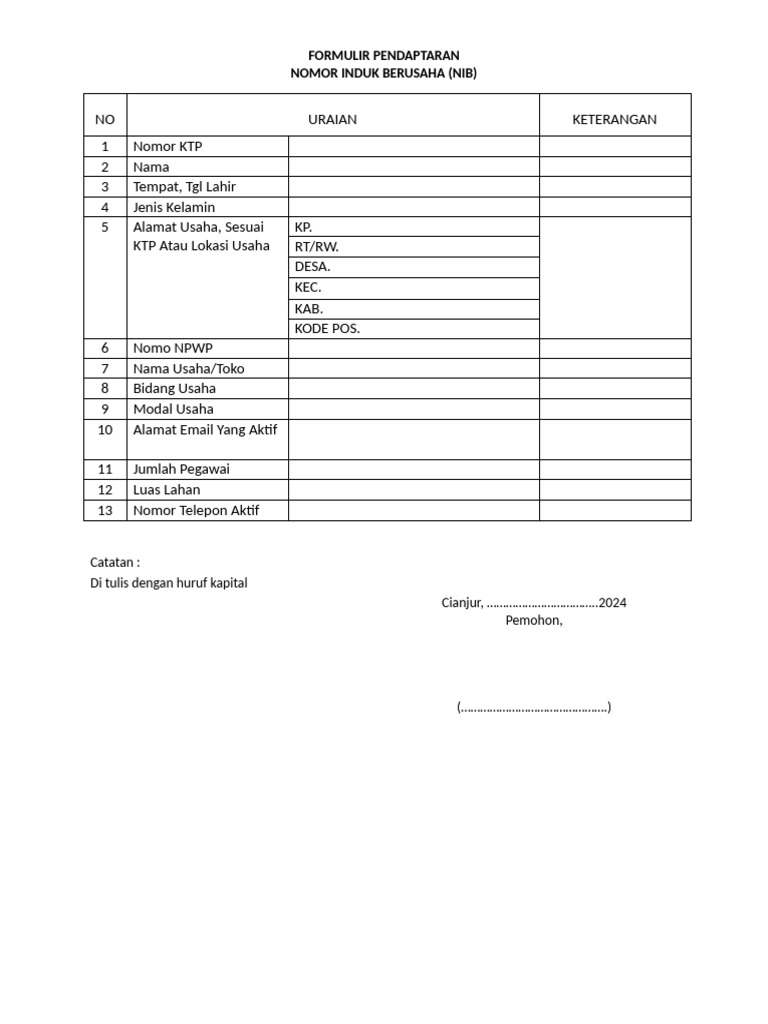 Formulir Pendaftaran NIB Usaha | PDF
