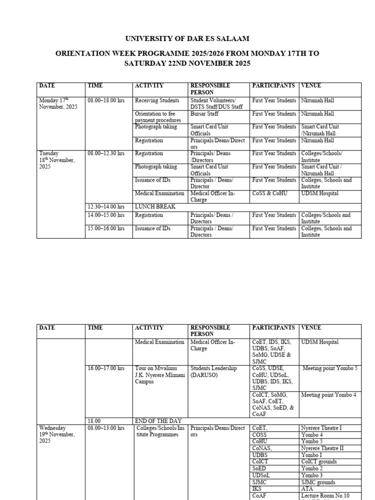 UDSM Orientation Week Schedule 2025 | PDF