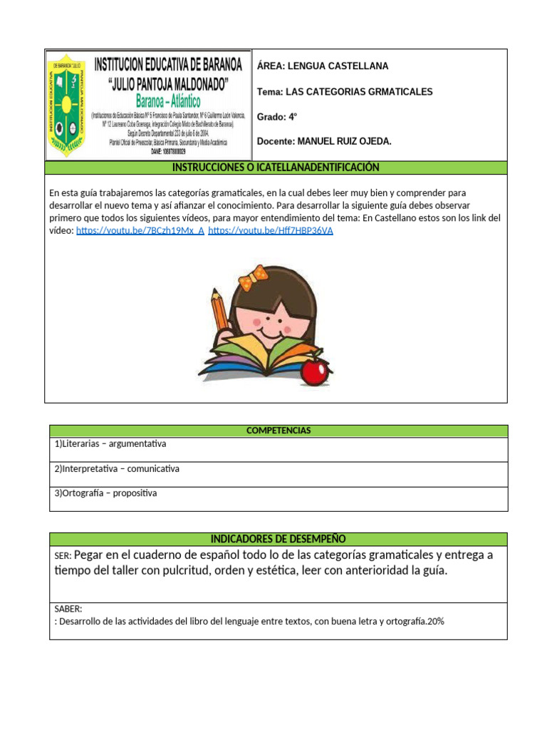 Guía de categorías gramaticales 4° | PDF | Adverbio | Adjetivo