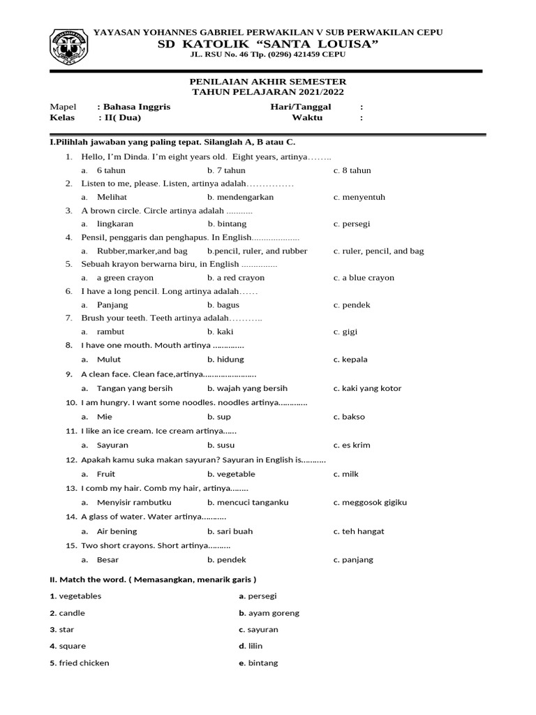 PAS Bhs Inggris Kls 2 | PDF
