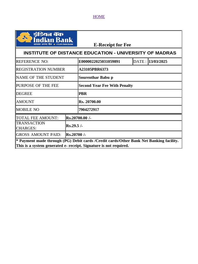E-Receipt for Second Year Fee Payment | PDF