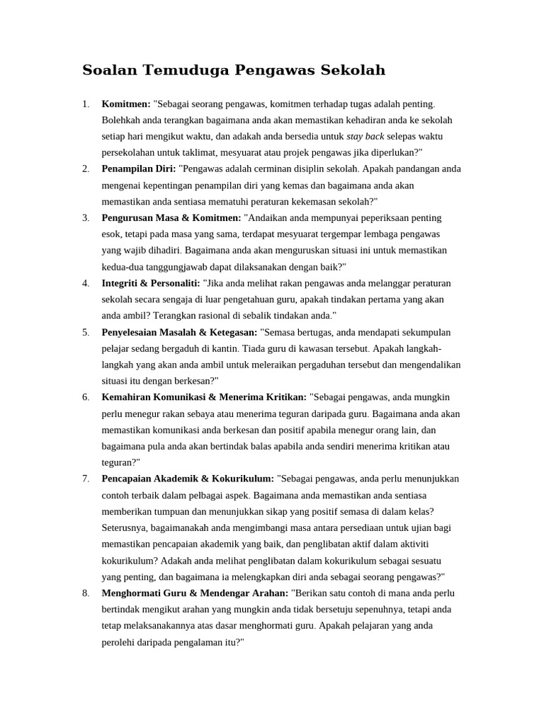 Soalan Temuduga Pengawas Sekolah | PDF