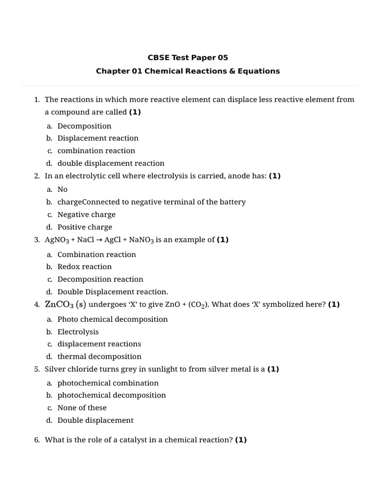 CBSE Chemical Reactions Test Paper | PDF | Chemical Reactions | Redox