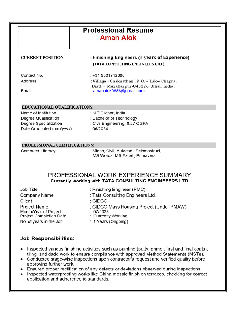 Aman Alok CV | PDF | Safety