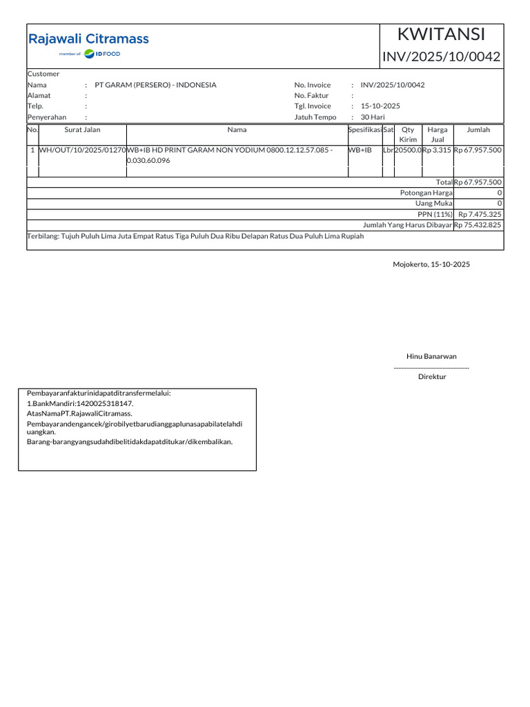 Kwitansi Invoice PT Garam 2025 | PDF