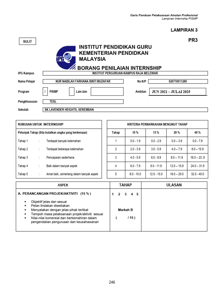 Borang PR3 Penilaian Internship | PDF