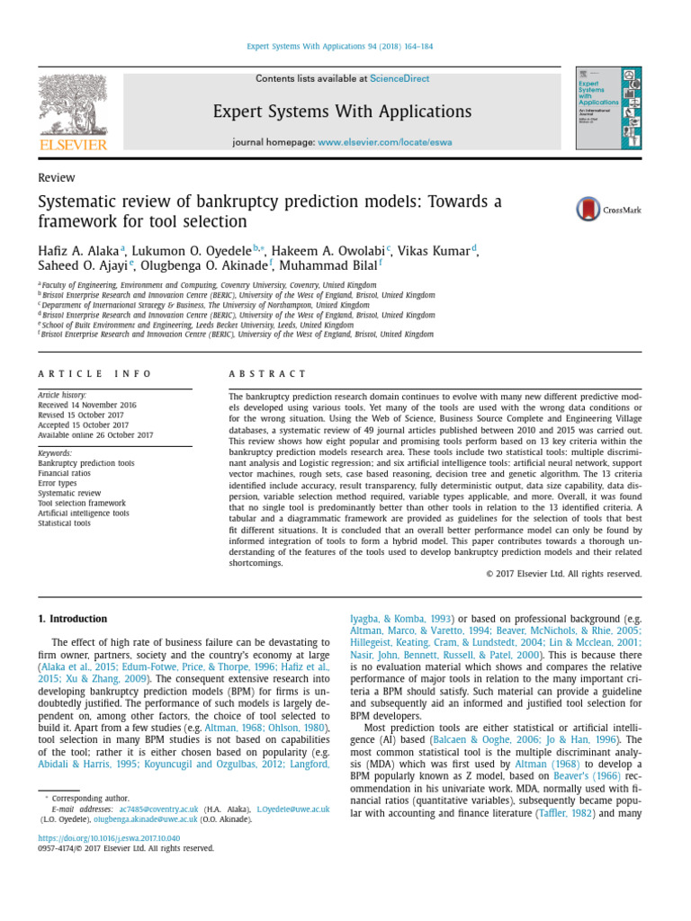 Systematic Review of Bankruptcy Prediction Models Towards a Framework ...