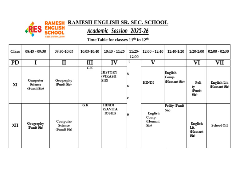 Time Table New Session 2025-26 For Class 11 & 12 | PDF