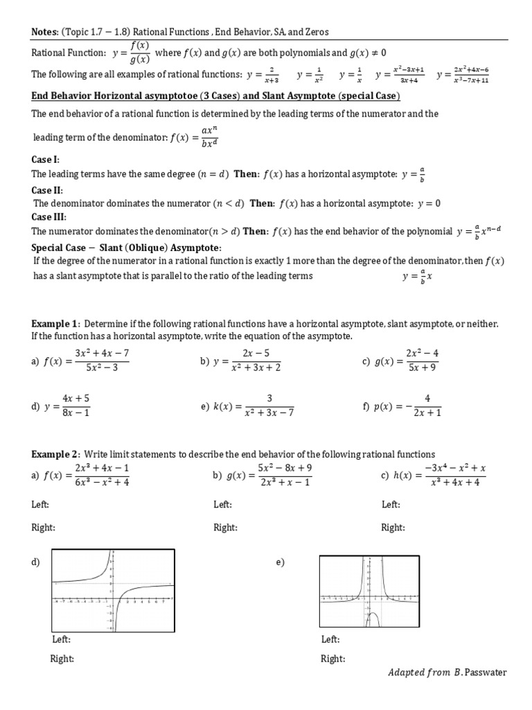Notes Topic 1.7 - 1.8 Rational Functions - End Behavior - SA - Zeros ...