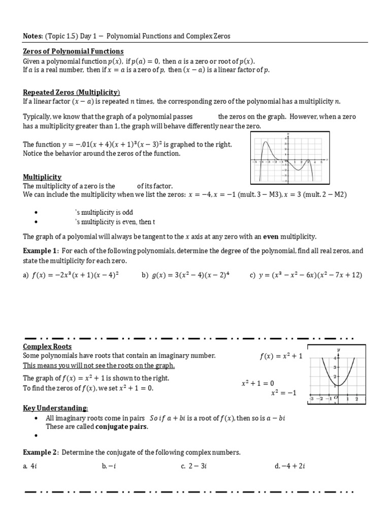 Notes Topic 1.5 Day 1 Polynomial Functions and Complex Zeros - Student ...