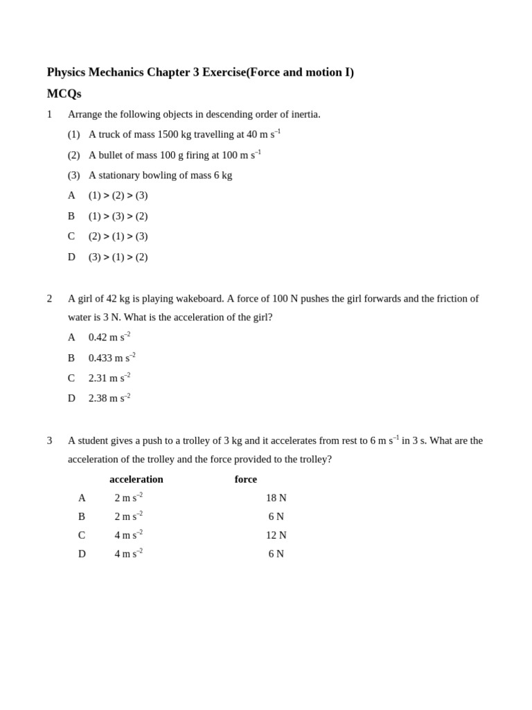 Physics Mechanics: Force and Motion Exercises | PDF | Force | Weight