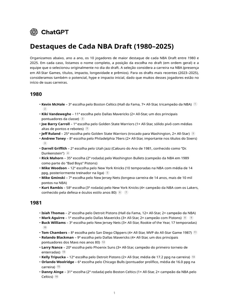 Destaques dos NBA Drafts (1980-2025) | PDF | Associação Nacional de ...