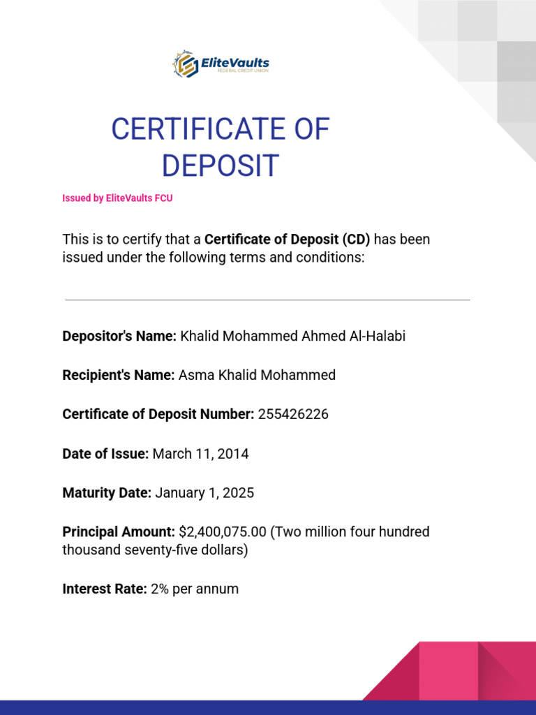Asmaa’s Father Certificate of Deposit | PDF