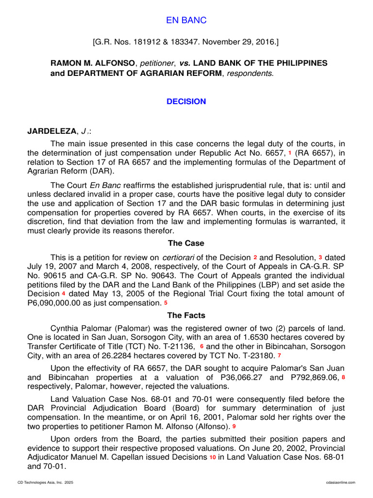 Alfonso v. Land Bank of the Philippines, G.R. Nos. 181912 & 183347 ...