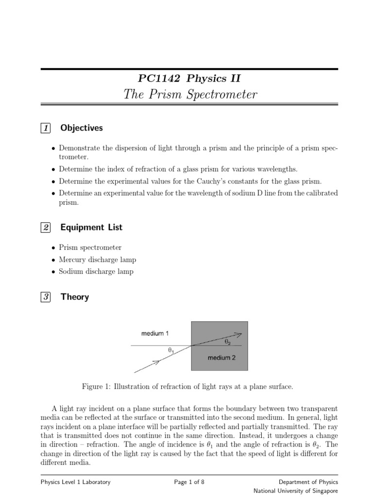 Prism Spectrometer Experiment Guide | PDF | Refractive Index | Prism