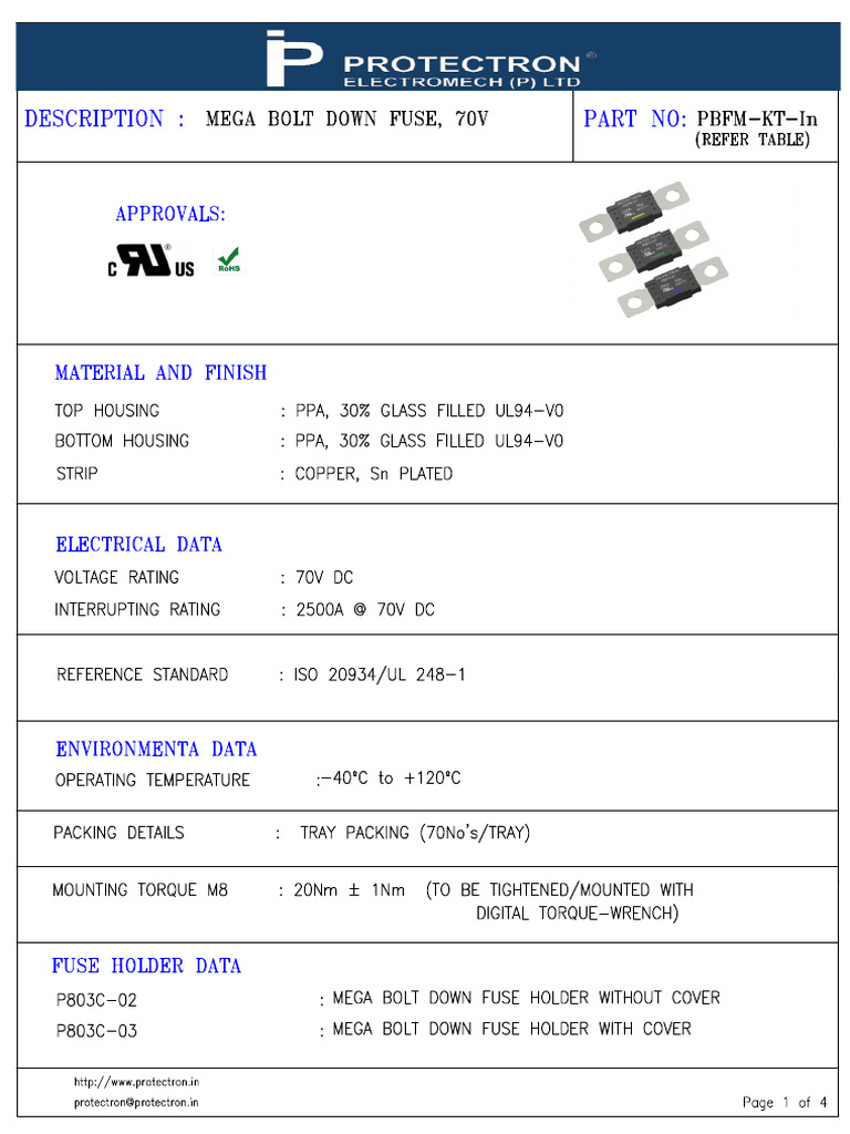 Protectron PBFM-KT 200A Specifications | PDF