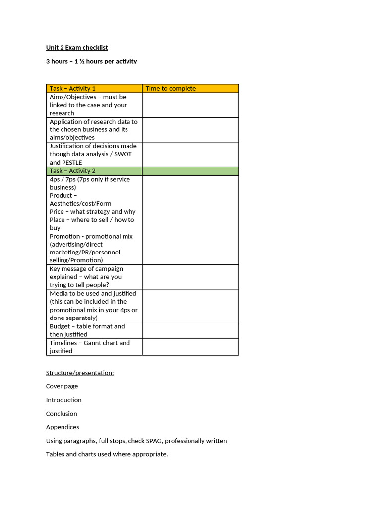 Unit 2 Exam Checklist | PDF