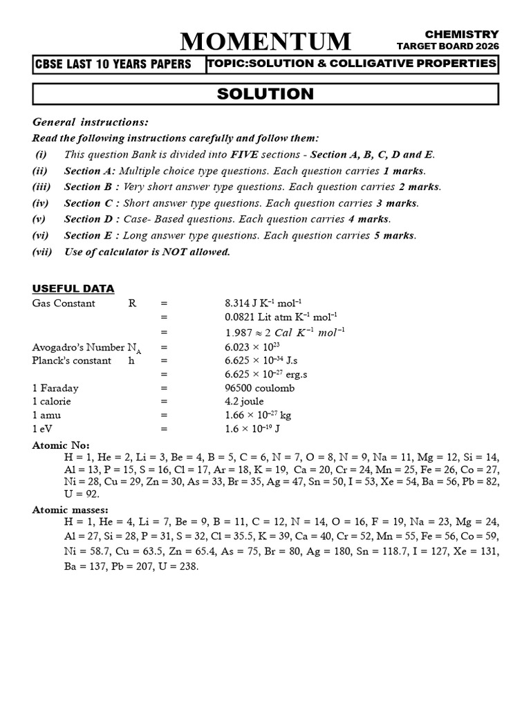 Solution & Colligative Properties (CBSE 10 Years Solved Paper) With ...