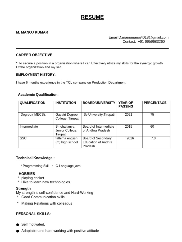 M. Manoj Kumar Resume - Production Role | PDF
