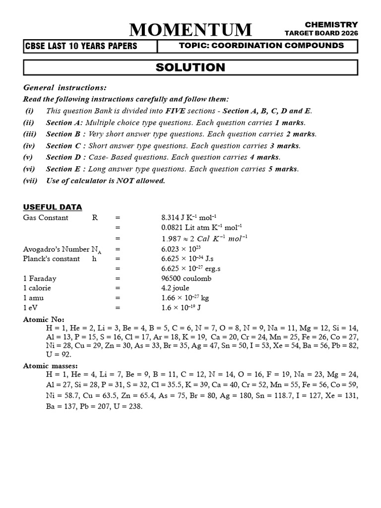 CBSE Chemistry Coordination Compounds Papers | PDF | Mole (Unit) | Atoms