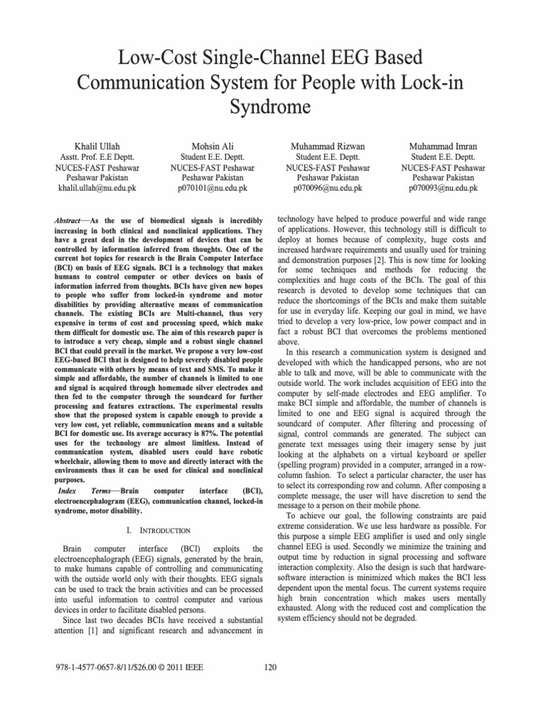 Low-cost Single-channel EEG Based Communication System for People With Lock-In Syndrome | PDF ...
