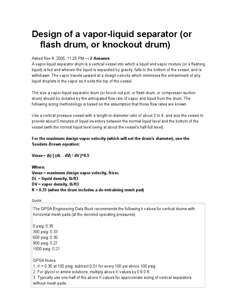 Design of A Vapor-Liquid Separator | PDF | Liquids | Vapor