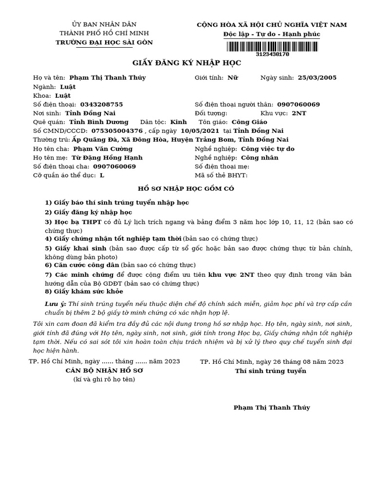 Giay Dang Ky Nhap Hoc | PDF