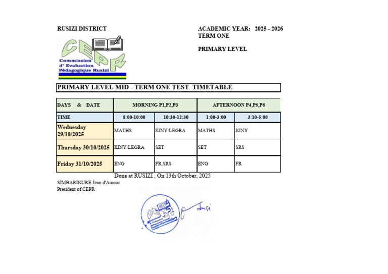 Primary Corrected Mid Term Test Timetable | PDF