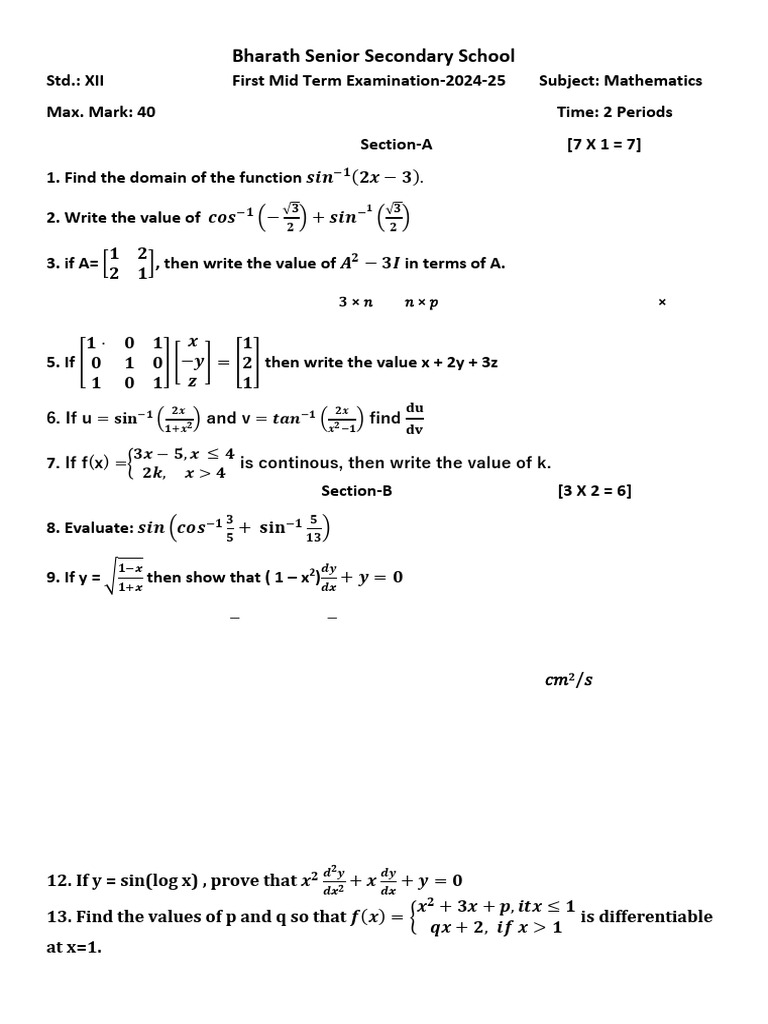 12th Std. First Mid Term Examination-24-25 | PDF | Function ...