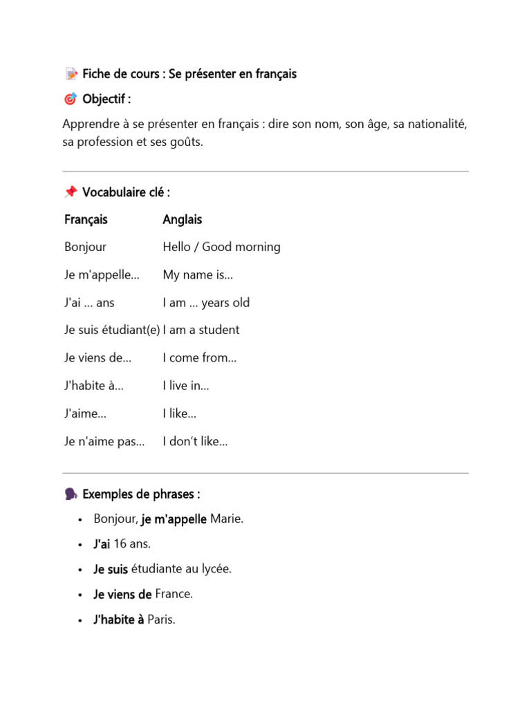 Se présenter en français : Guide complet | PDF
