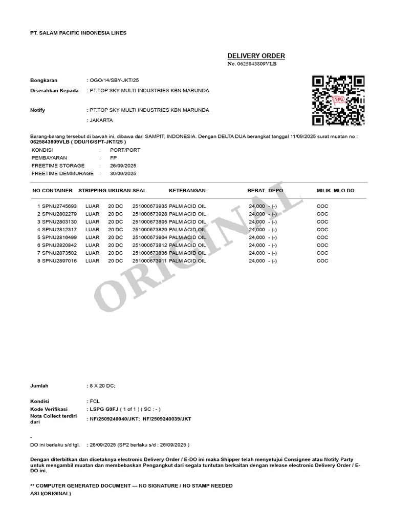 Delivery Order PT Salam Pacific 2025 | PDF
