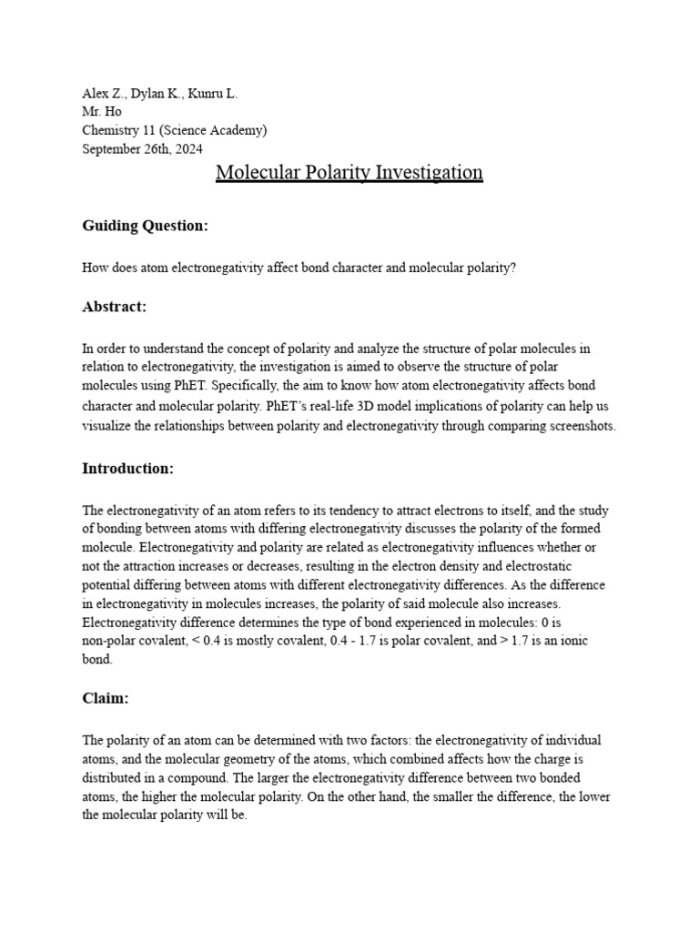 Electronegativity and Molecular Polarity | PDF | Chemical Polarity ...