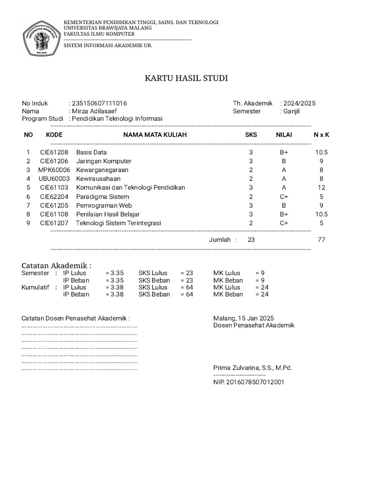 Kartu Hasil Studi Mirza Adilasaef UB | PDF