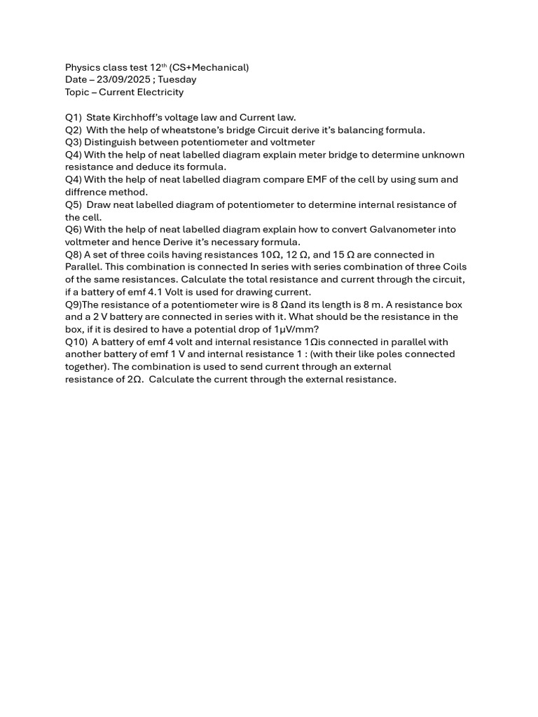 Physics Classtest Current Electricity | PDF