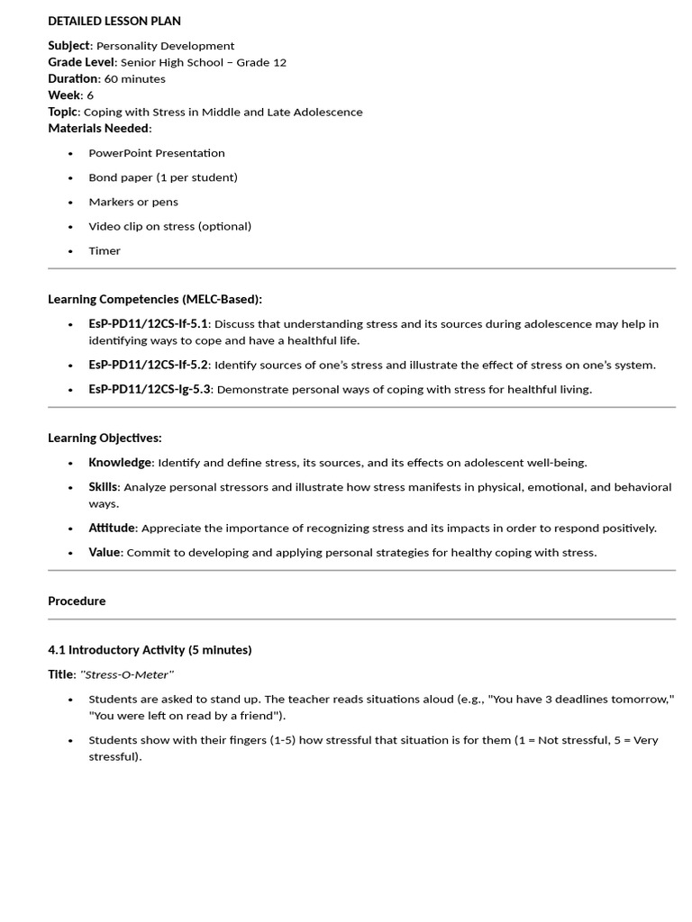 DETAILED LESSON PLAN M5 Draft | PDF | Stress (Biology) | Adolescence