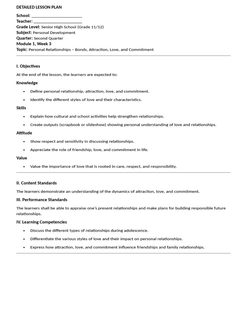 Personal Relationships Lesson Plan | PDF | Learning | Behavior Modification