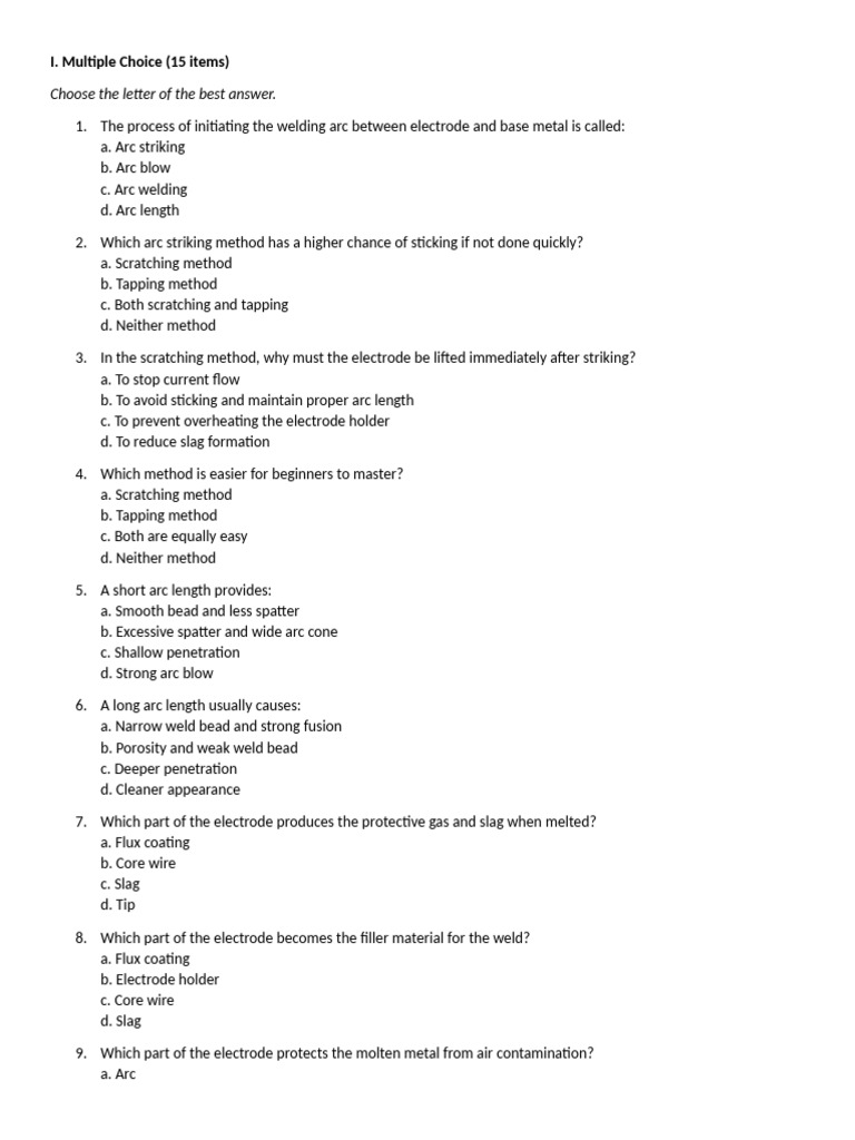 Welding Techniques: Multiple Choice Quiz | PDF | Welding | Construction