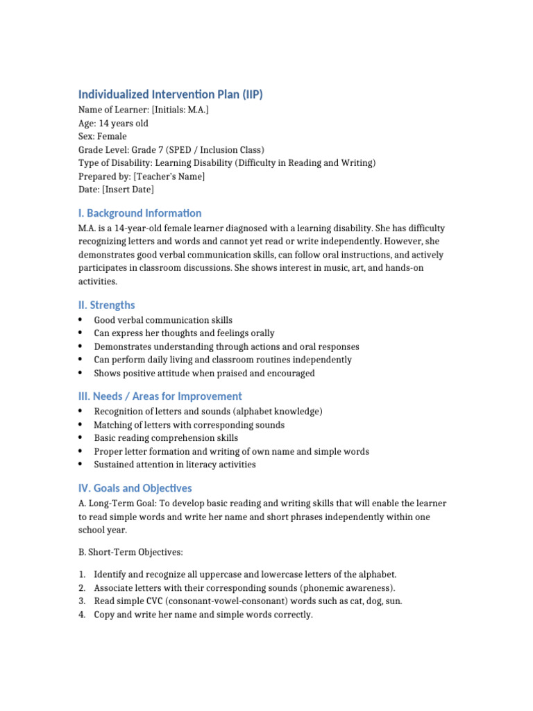 Individualized Intervention Plan MA | PDF | Reading Comprehension ...