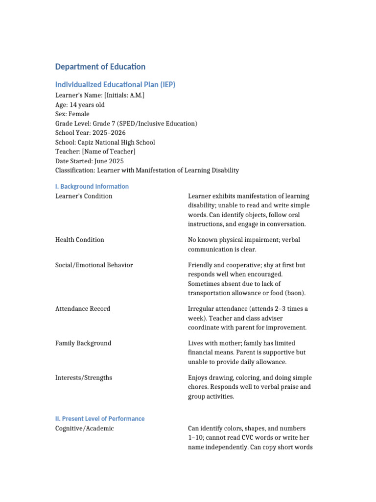IEP Learning Disability Sample | PDF | Individualized Education Program | Learning