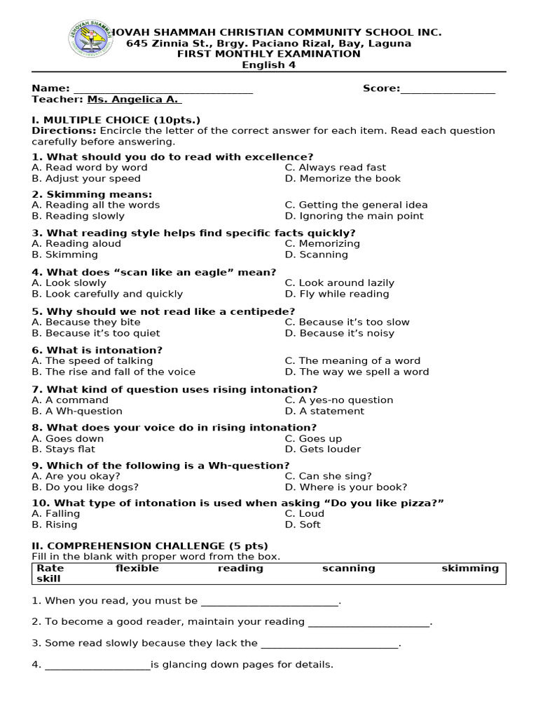 1st Monthly Exam English 4 | PDF