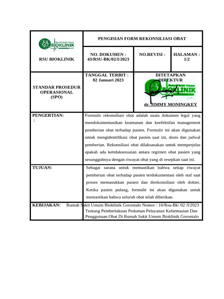 1. Spo Pengisian Form Rekonsiliasi Obat | PDF