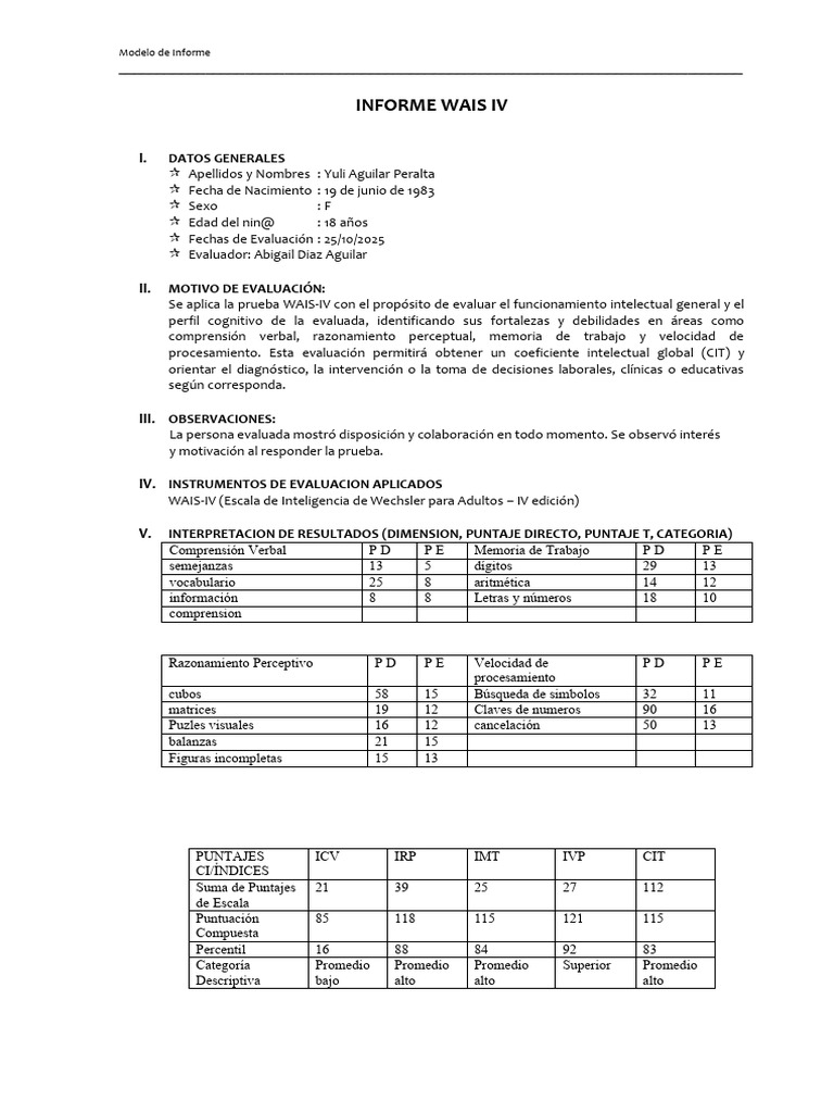 Informe WAIS-IV: Evaluación Cognitiva | PDF | Escala de inteligencia ...