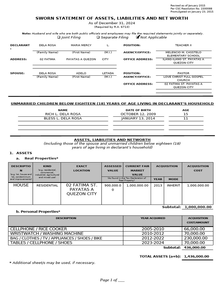 Sworn Statement of Assets and Liabilities | PDF