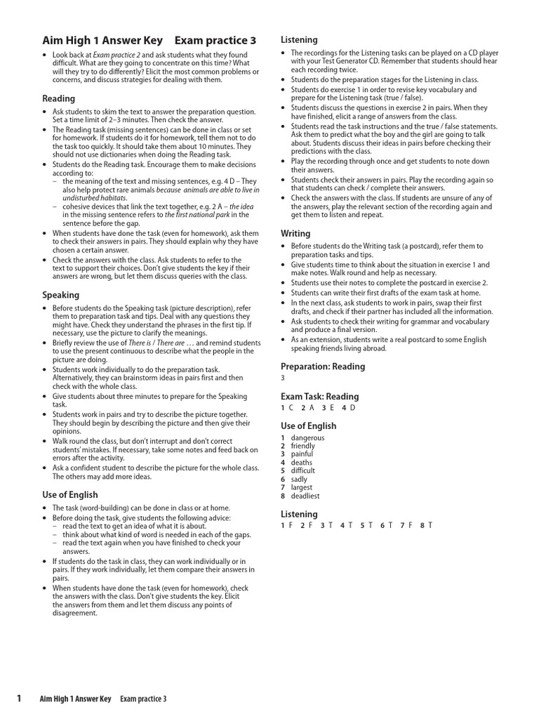 Aim High 1 Exam Practice Answer Key | PDF