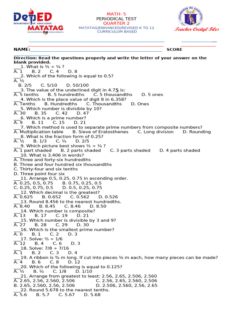 Math 5 PT With Tos q2 | PDF | Numbers | Decimal
