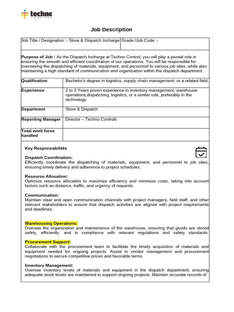 Store & Dispatch Incharge Job Description | PDF | Logistics | Warehouse