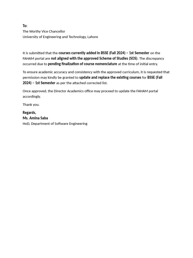 Approval Request Cover Letter For Updation in 1st Sem | PDF